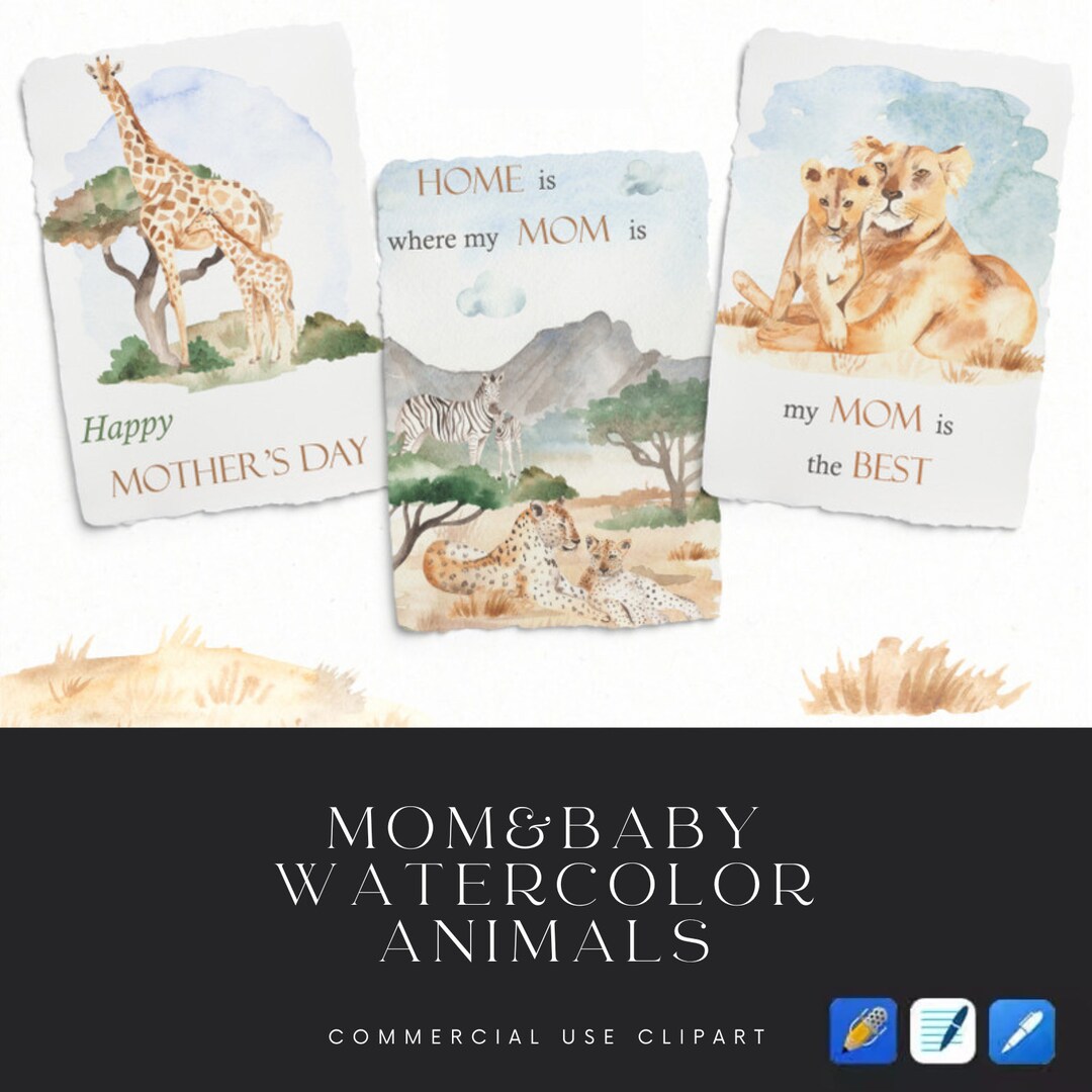Watercolor Mom and Baby African Animals Collection PNG, Hand-drawn ...