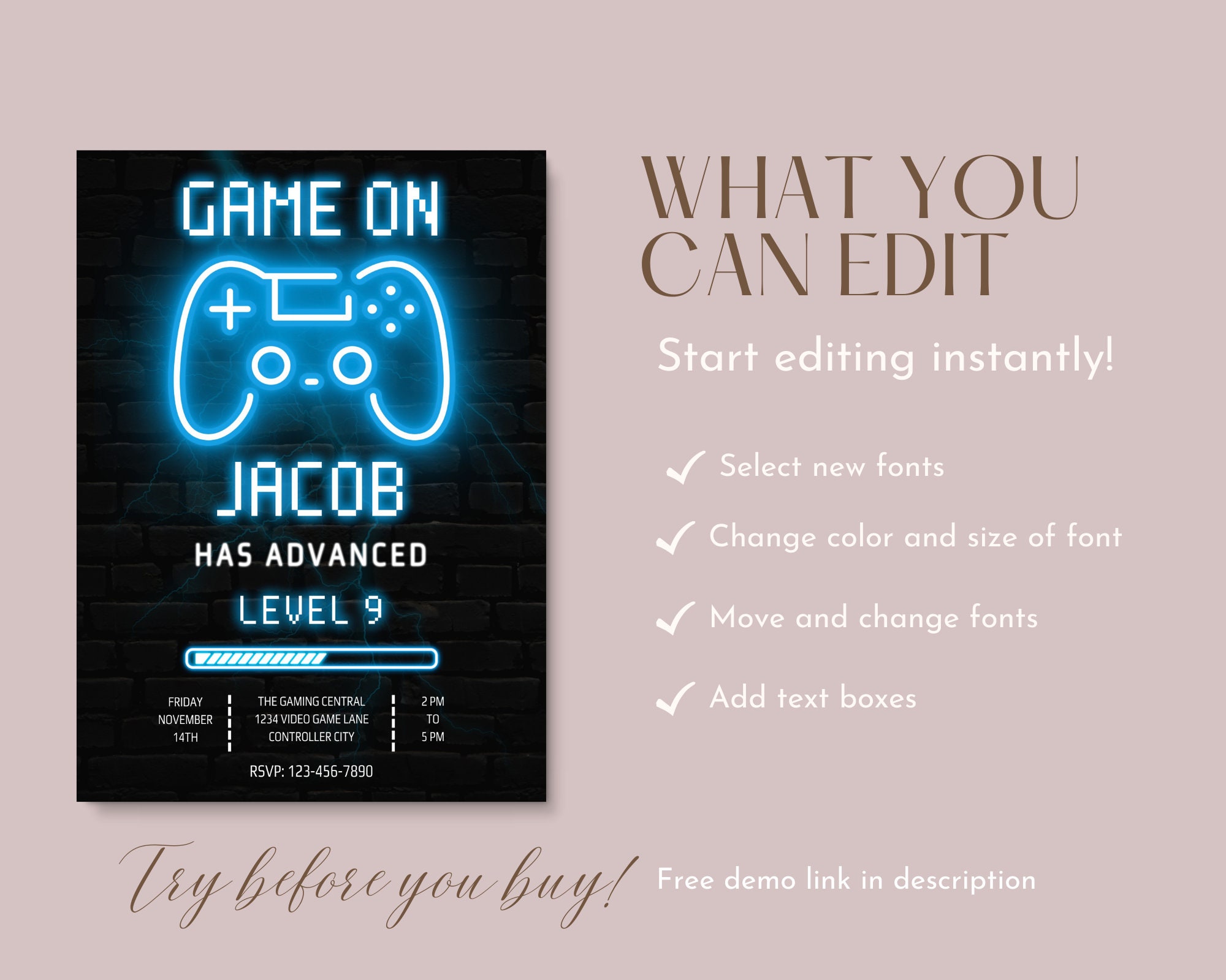 Editable Video Game Party Invitation, Boy Gamer Birthday Invite, Gaming ...