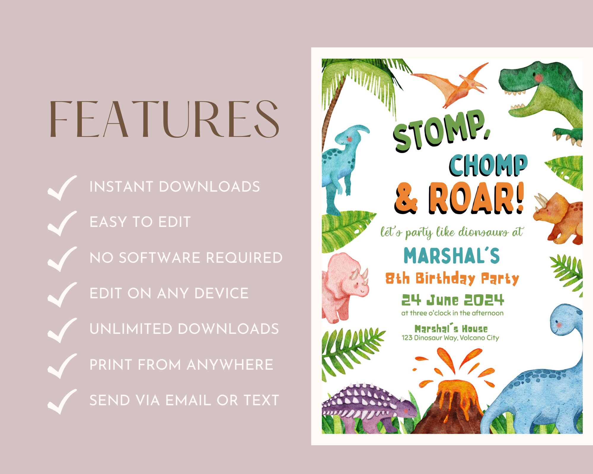 Dinosaur Birthday Invitation T-rex Party Invite Template - Etsy