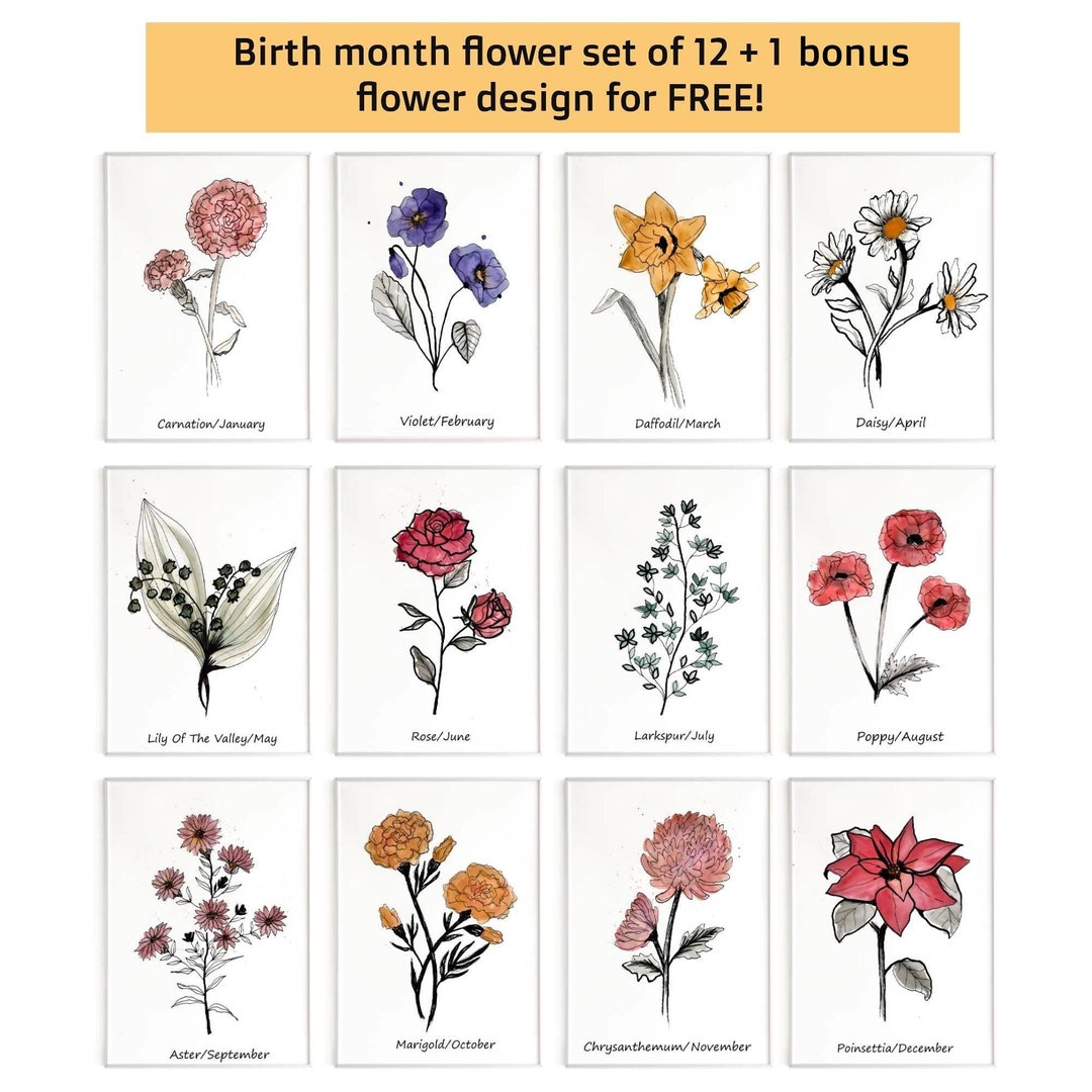 Birthflower Print Set,birthflower Wall Art,birthflower Watercolor ...