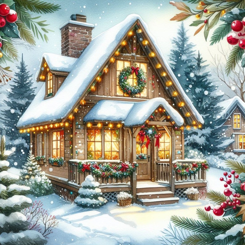 Watercolor Vintage Snowy Christmas Home Clip Art Bundle , Christmas PNG ...