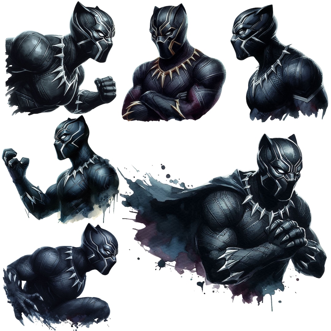 6 Watercolor Black Panther Clip Art Bundle , Super Hero Digital Art ...