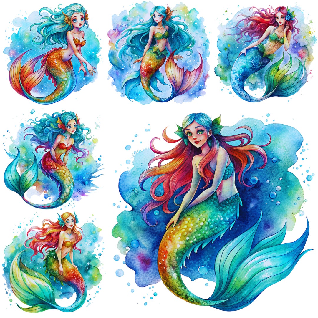 Watercolor Mermaid Clipart Pack , Mystical Mermaid Digital Print ...