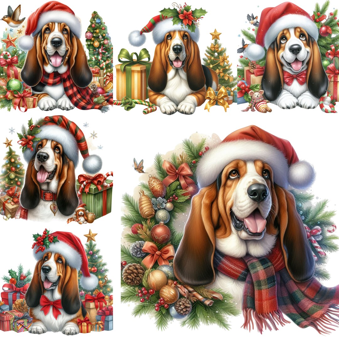 Watercolor Gleeful Basset Hound Collection PNG Pack ,droopy Holidays ...