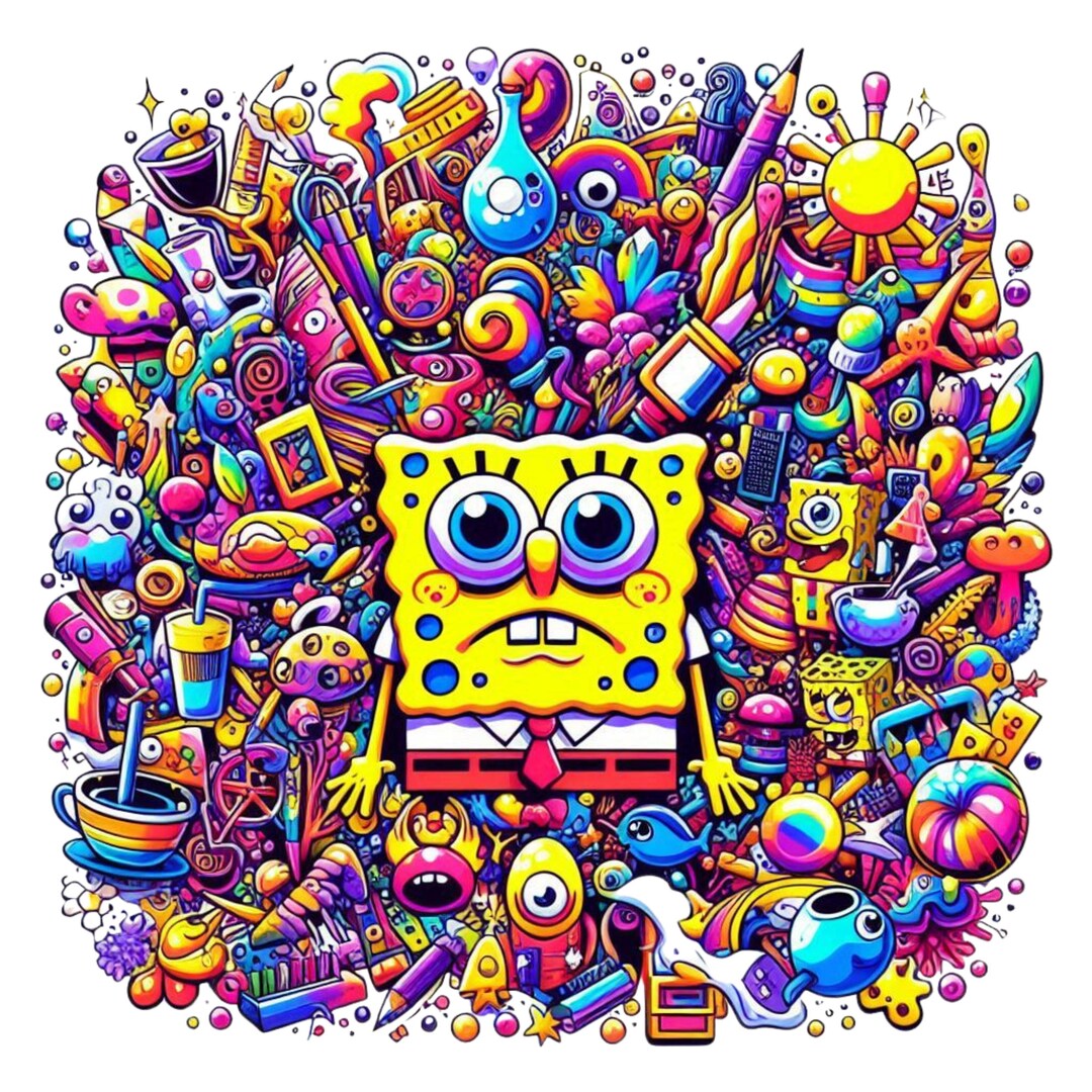 2 Whimsical Spongebob Digital Art Print, Colorful Spongebob Squarepants ...