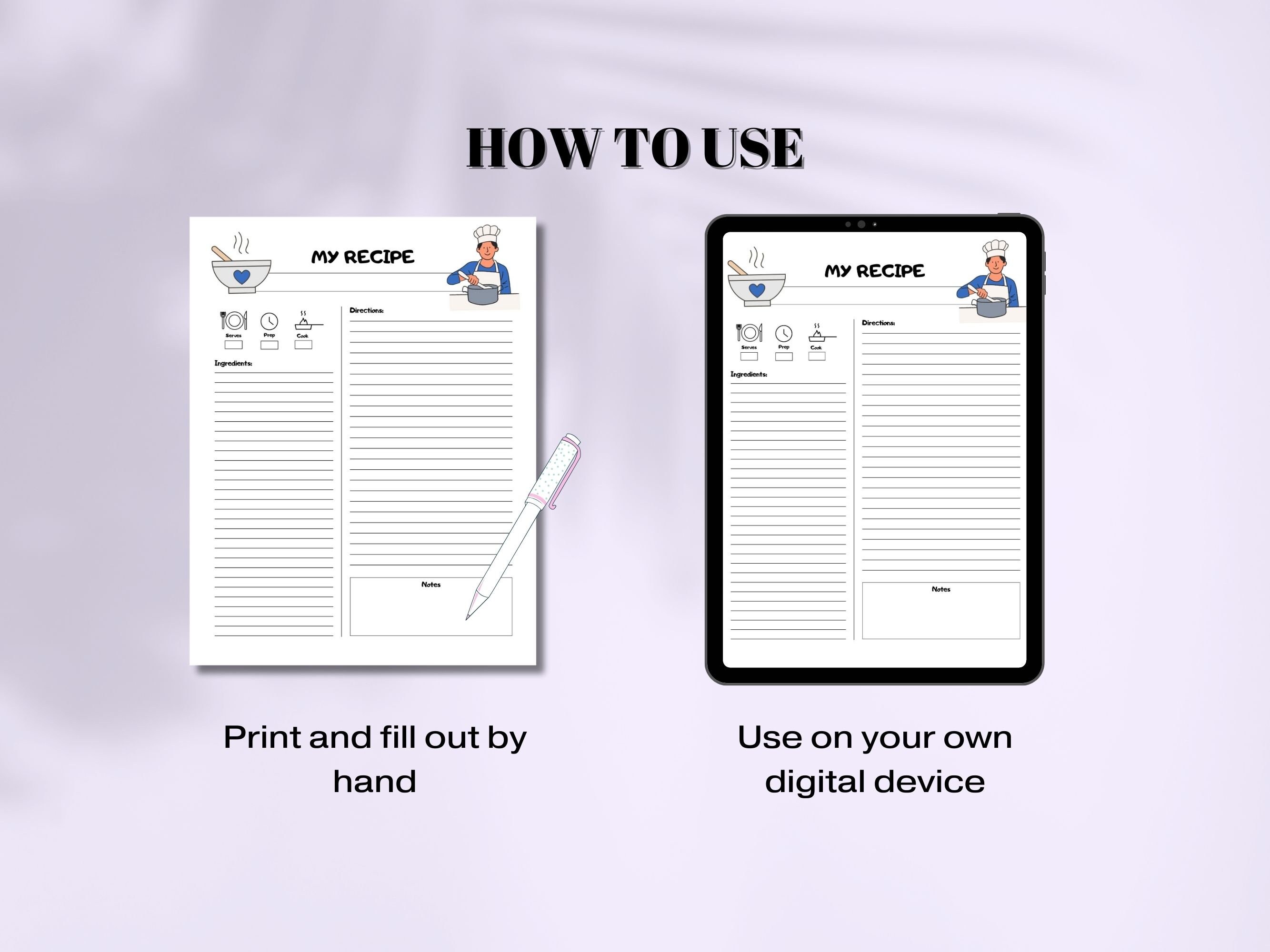 Fillable Recipe Card, Blank Recipe Sheet, Recipe Template, Printable ...