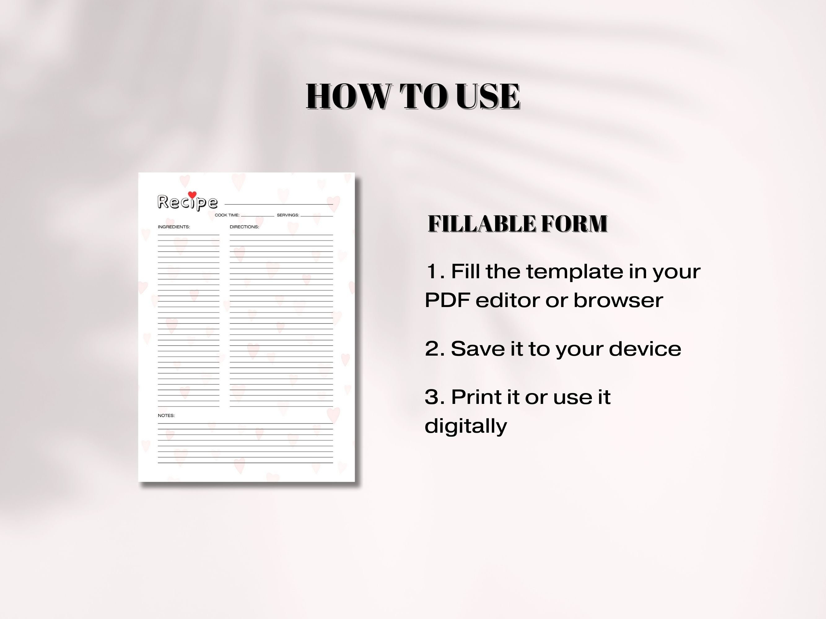 Printable Recipe Card, Recipe Sheet Cook With Love, Valentine Day ...