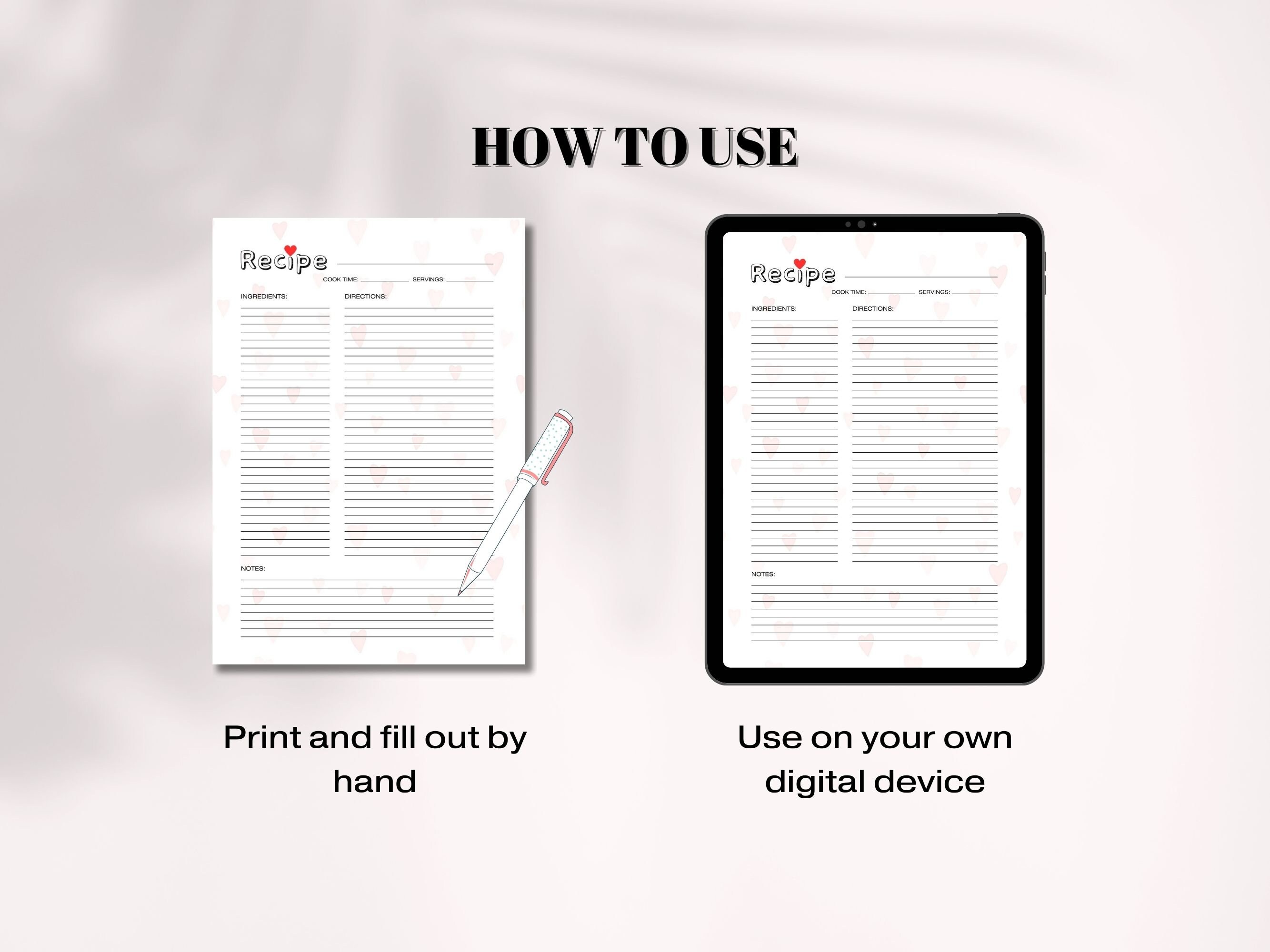 Printable Recipe Card, Recipe Sheet Cook With Love, Valentine Day ...