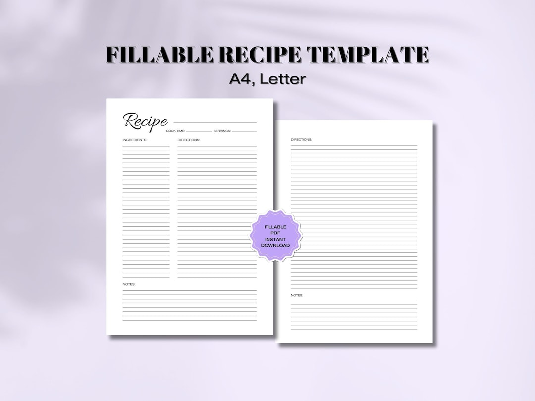 Printable Recipe Template, Recipe Minimalistic Design, Fillable Recipe ...