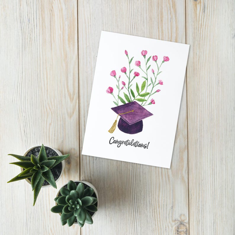 Graduation Card - "congratulations!" Purple Watercolor Cap With Flowers ...