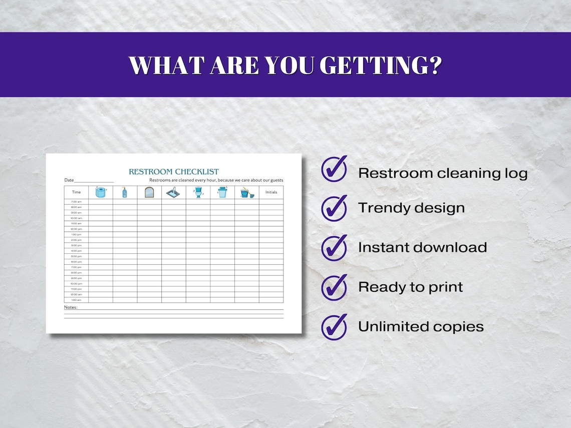 Restroom Checklist With Colorful Icons, Cleaning Log Digital, Printable ...
