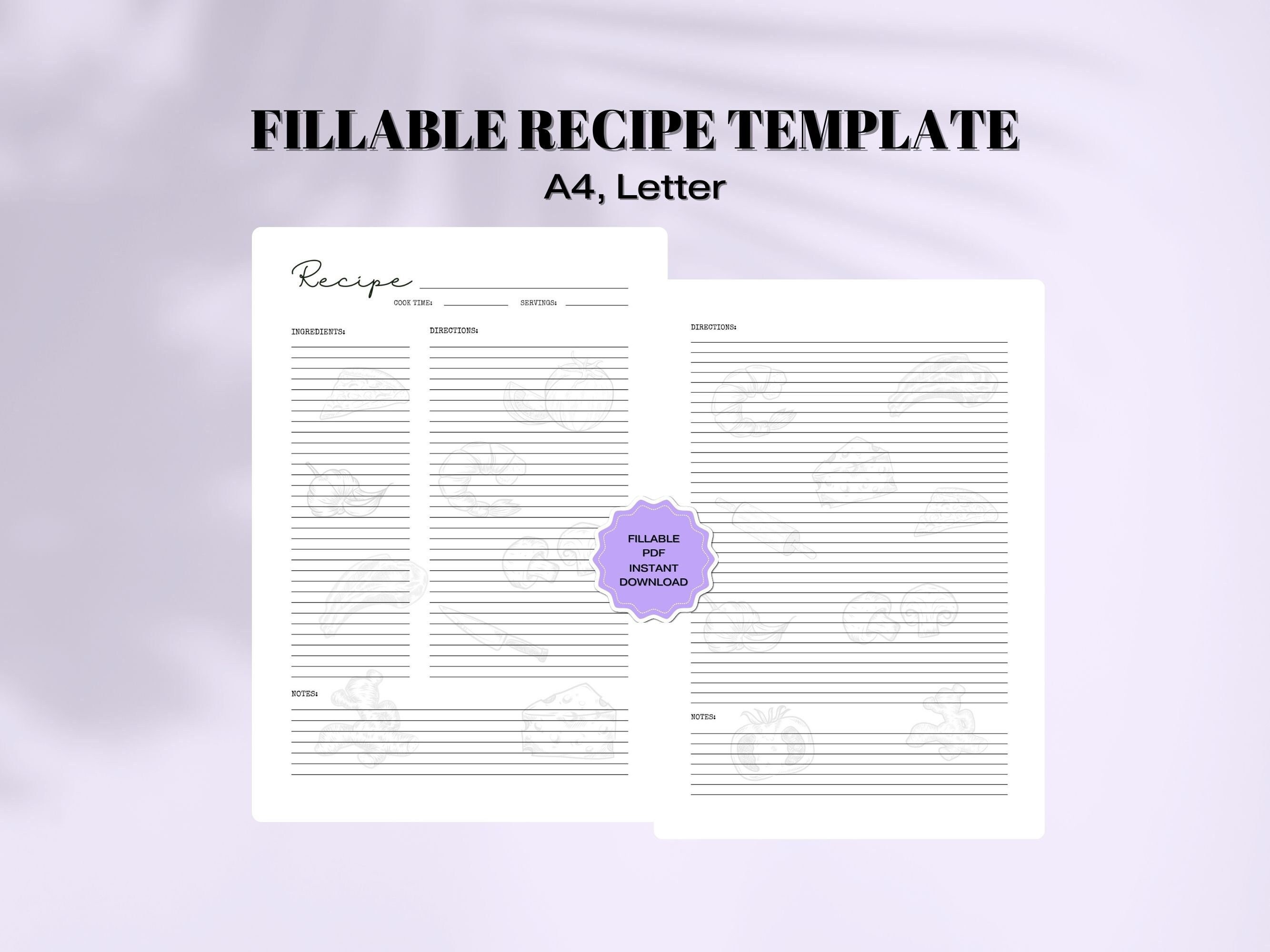 Digital Recipe Template, Recipe Minimalistic Design, Fillable Recipe ...