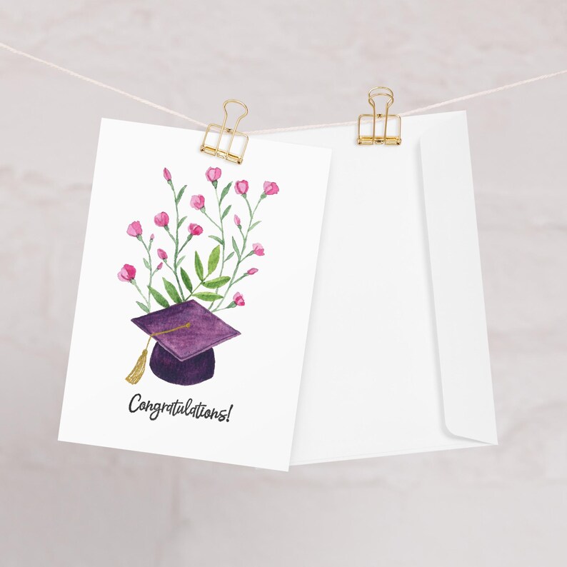 Graduation Card - "congratulations!" Purple Watercolor Cap With Flowers ...