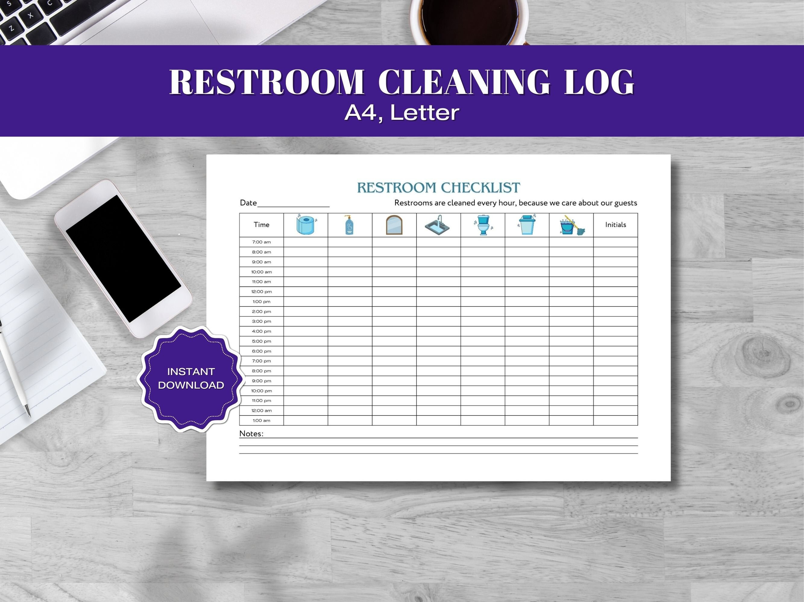 Restroom Checklist With Colorful Icons, Cleaning Log Digital, Printable ...