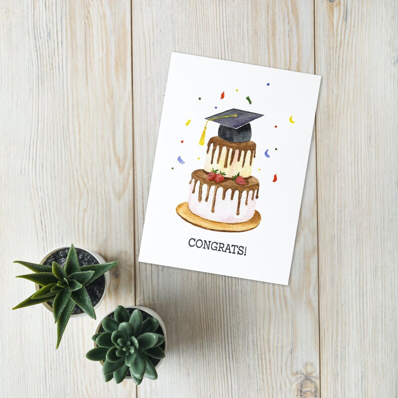 Graduation Card, Watercolor Cap With Cake, Congratulations, Senior Gift ...