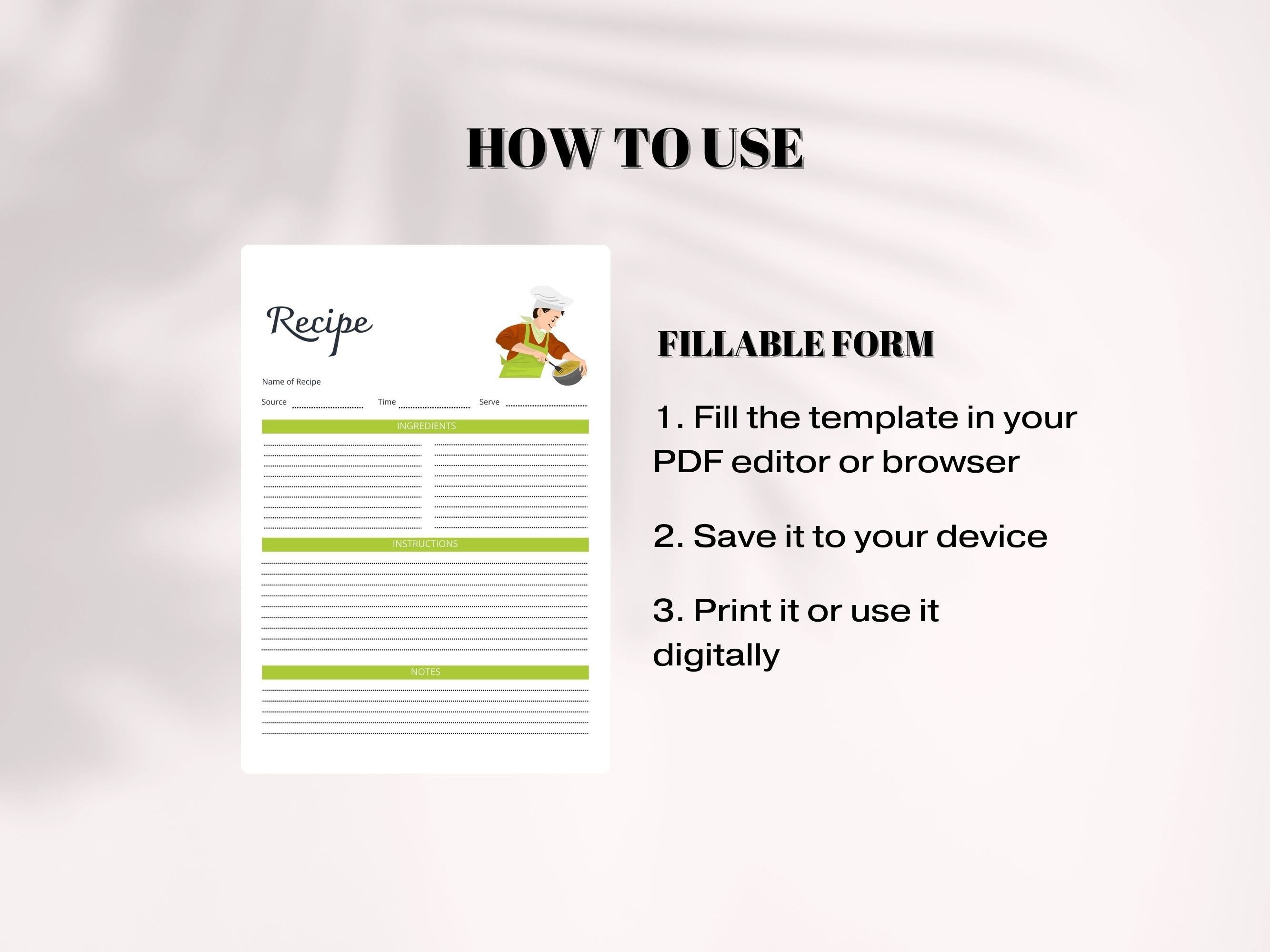 Printable Recipe Template, Recipe Page With Chef Design, Fillable ...