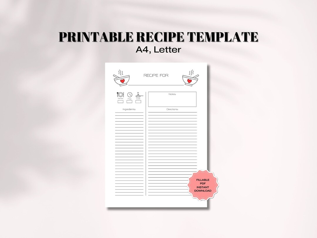 Recipe Sheet Cook With Love, Blank Recipe Sheet, Printable Recipe Card ...