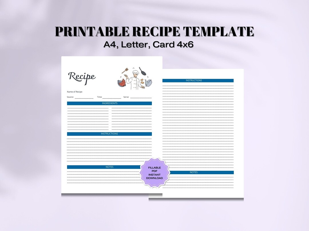 Printable Recipe Template, Recipe Page With Chef Design, Fillable ...
