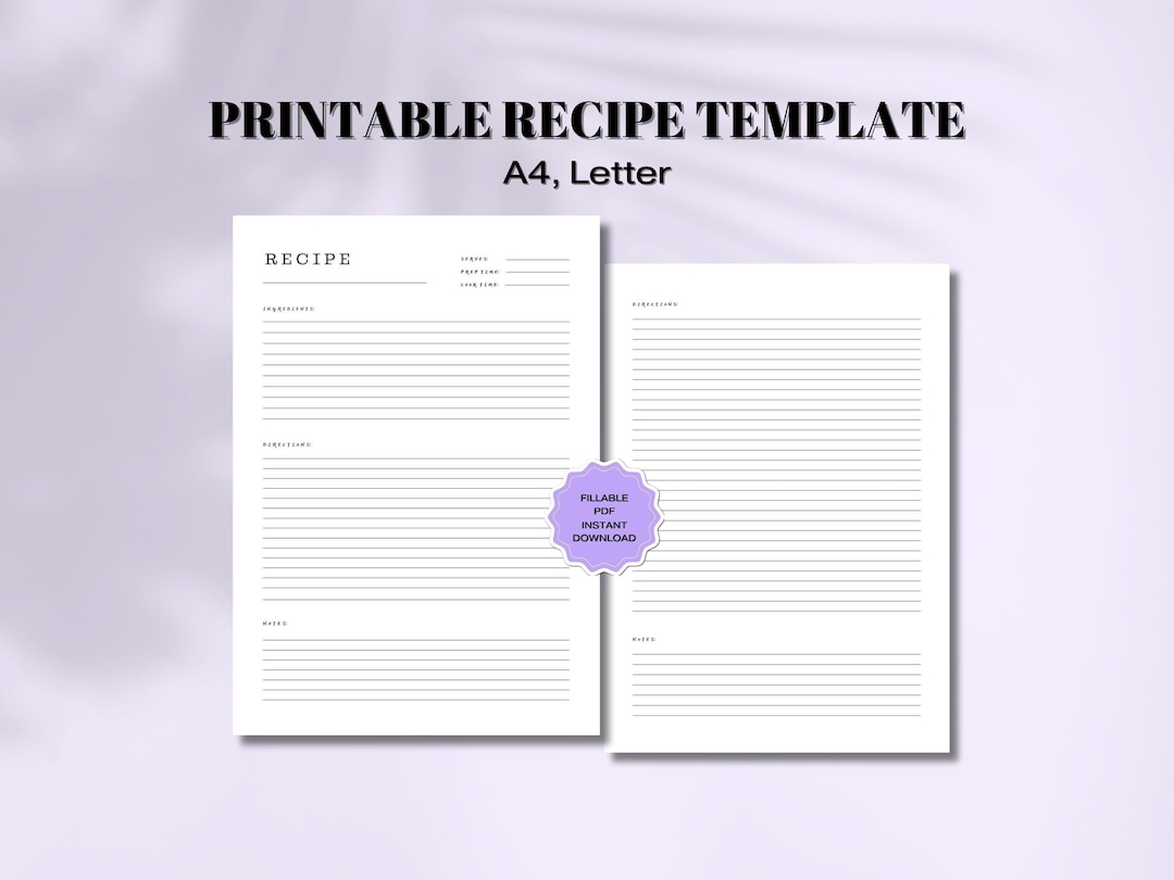 Recipe Template Minimalistic Design, Printable Recipe Page, Fillable ...