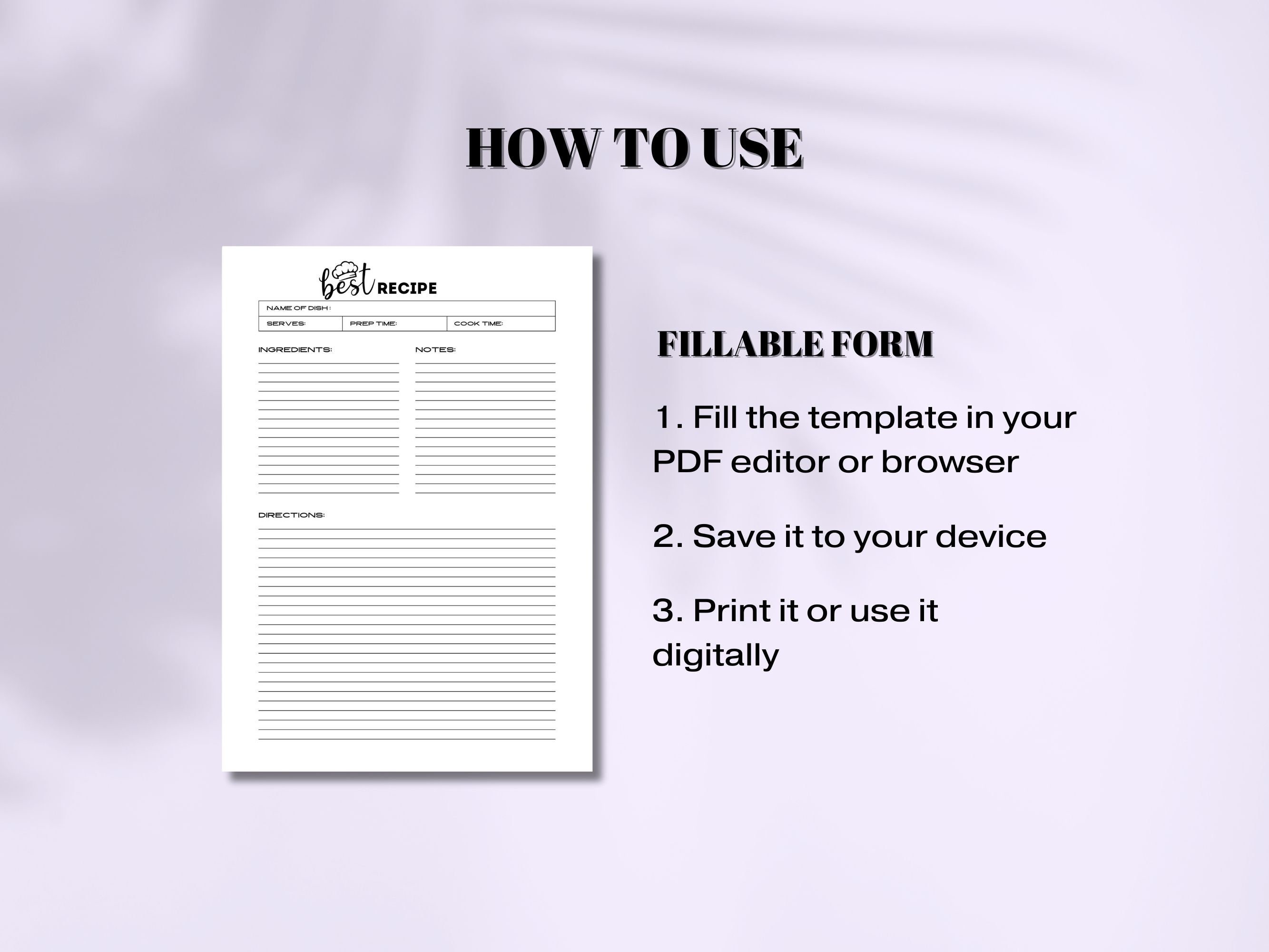 Blank Recipe Sheet, Printable Recipe Card, Recipe Template, Recipe Page ...