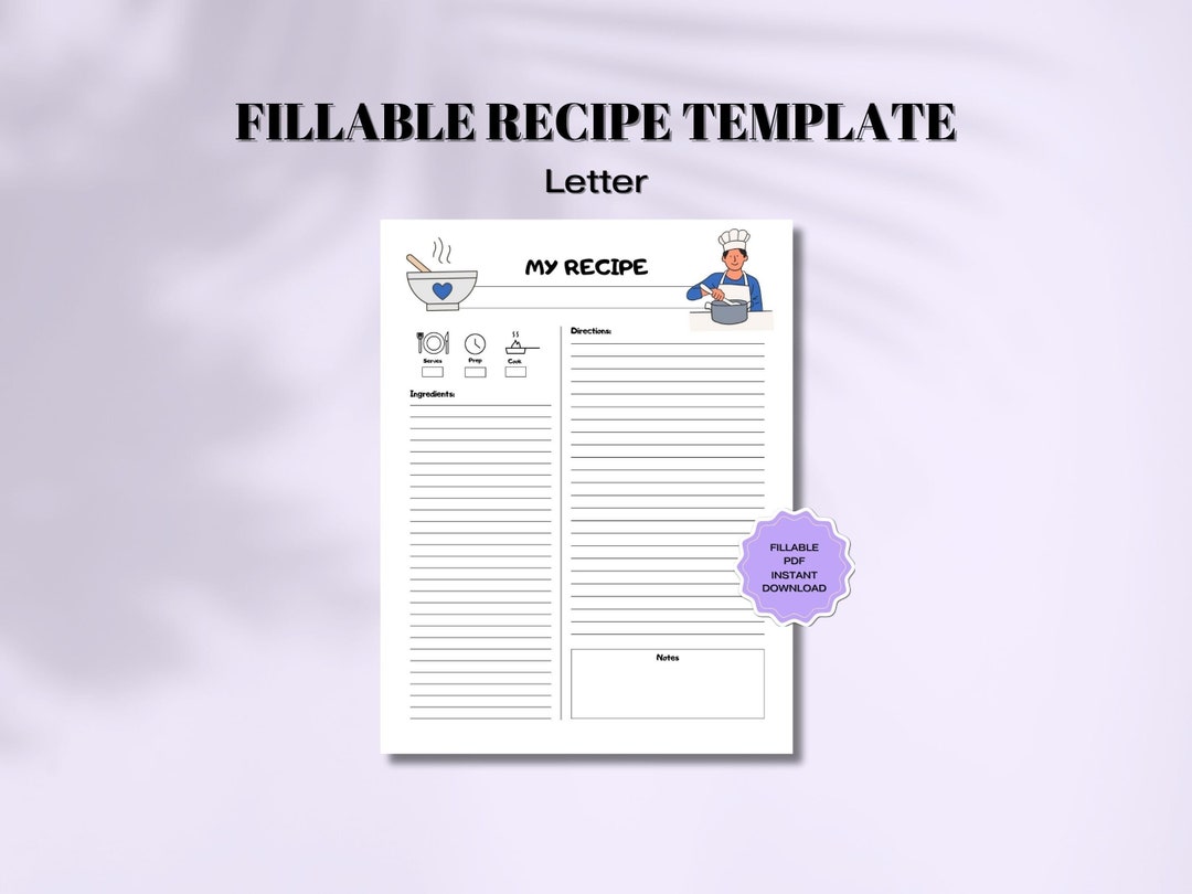 Fillable Recipe Card, Blank Recipe Sheet, Recipe Template, Printable ...