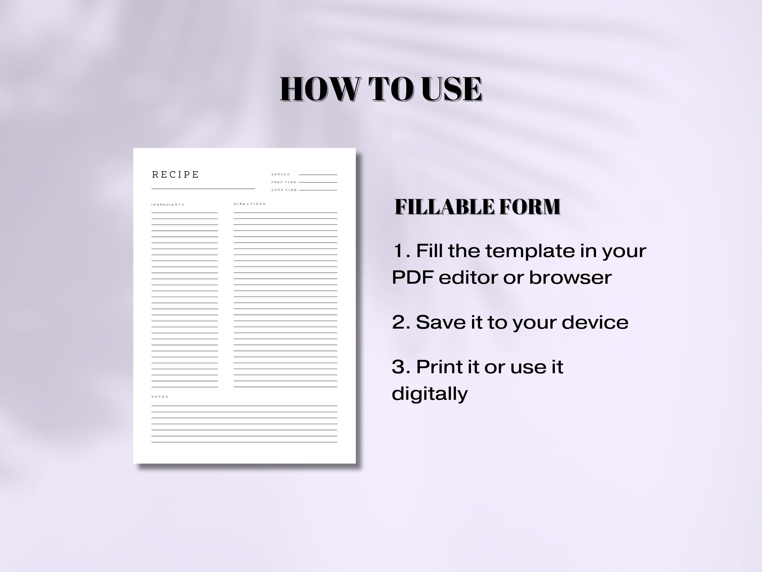 Minimalistic Recipe Sheet Printable, Recipe Page Template, Blank Recipe ...
