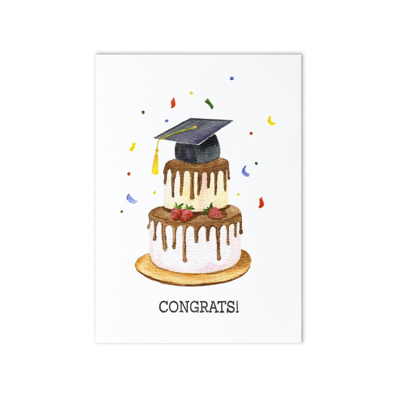 Graduation Card, Watercolor Cap With Cake, Congratulations, Senior Gift ...