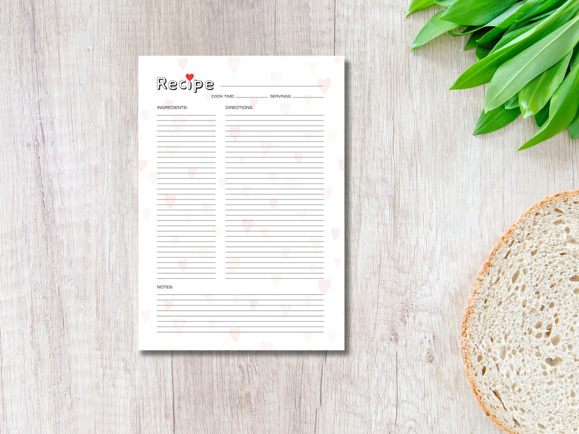Printable Recipe Card, Recipe Sheet Cook With Love, Valentine Day ...
