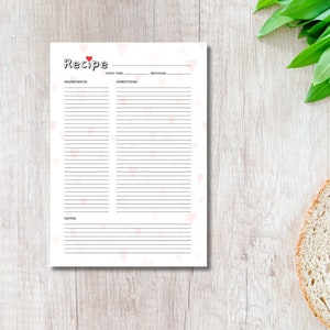 Printable Recipe Card, Recipe Sheet Cook With Love, Valentine Day ...