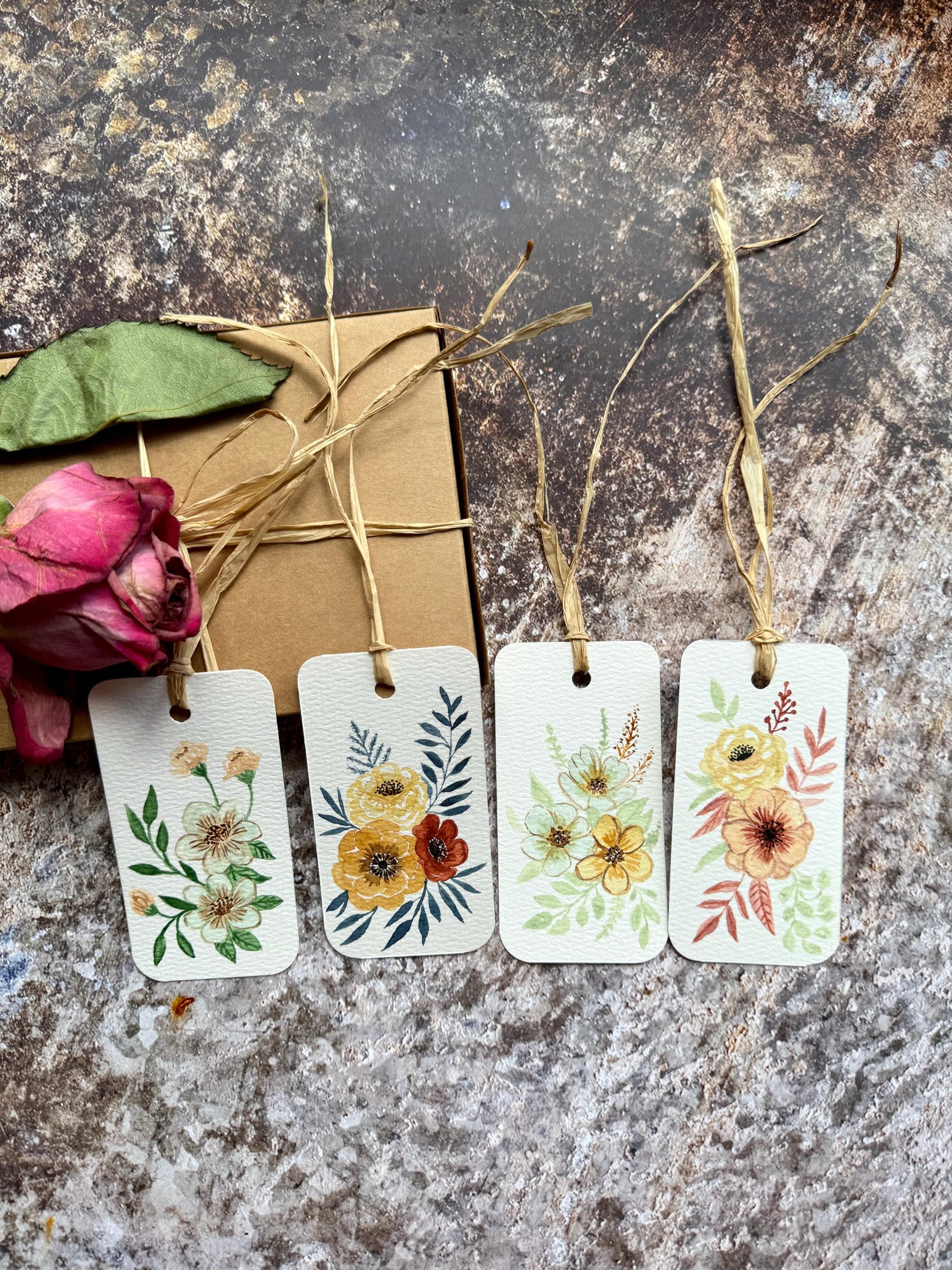 Hand-painted Watercolor Gift Tags Set of 4, Original Vintage Flower ...