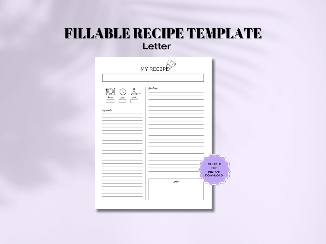 Fillable Recipe Page Chef Design, Recipe Card, Blank Recipe Sheet ...