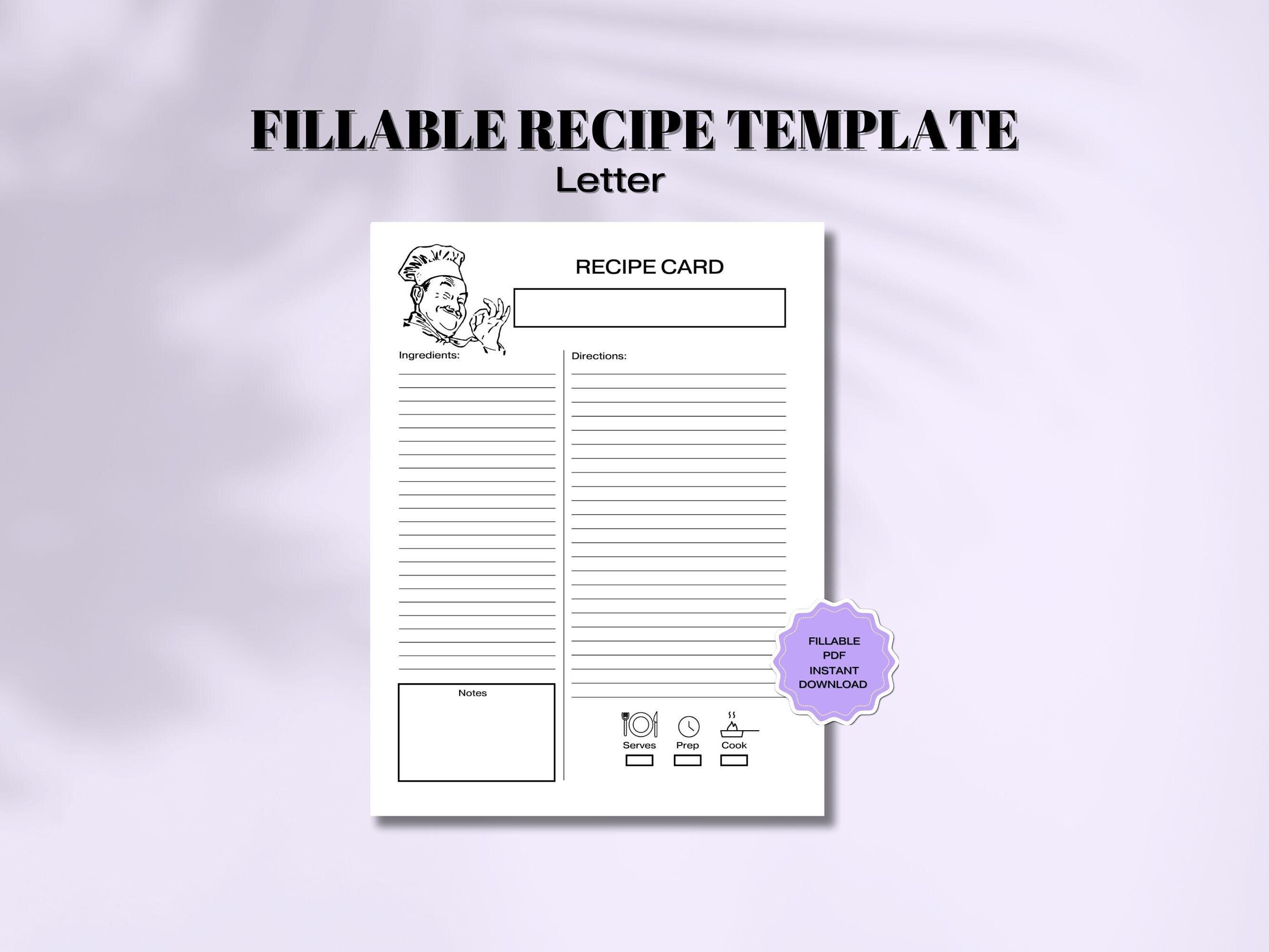 Fillable Recipe Card PDF, Blank Recipe Sheet, Recipe Template ...