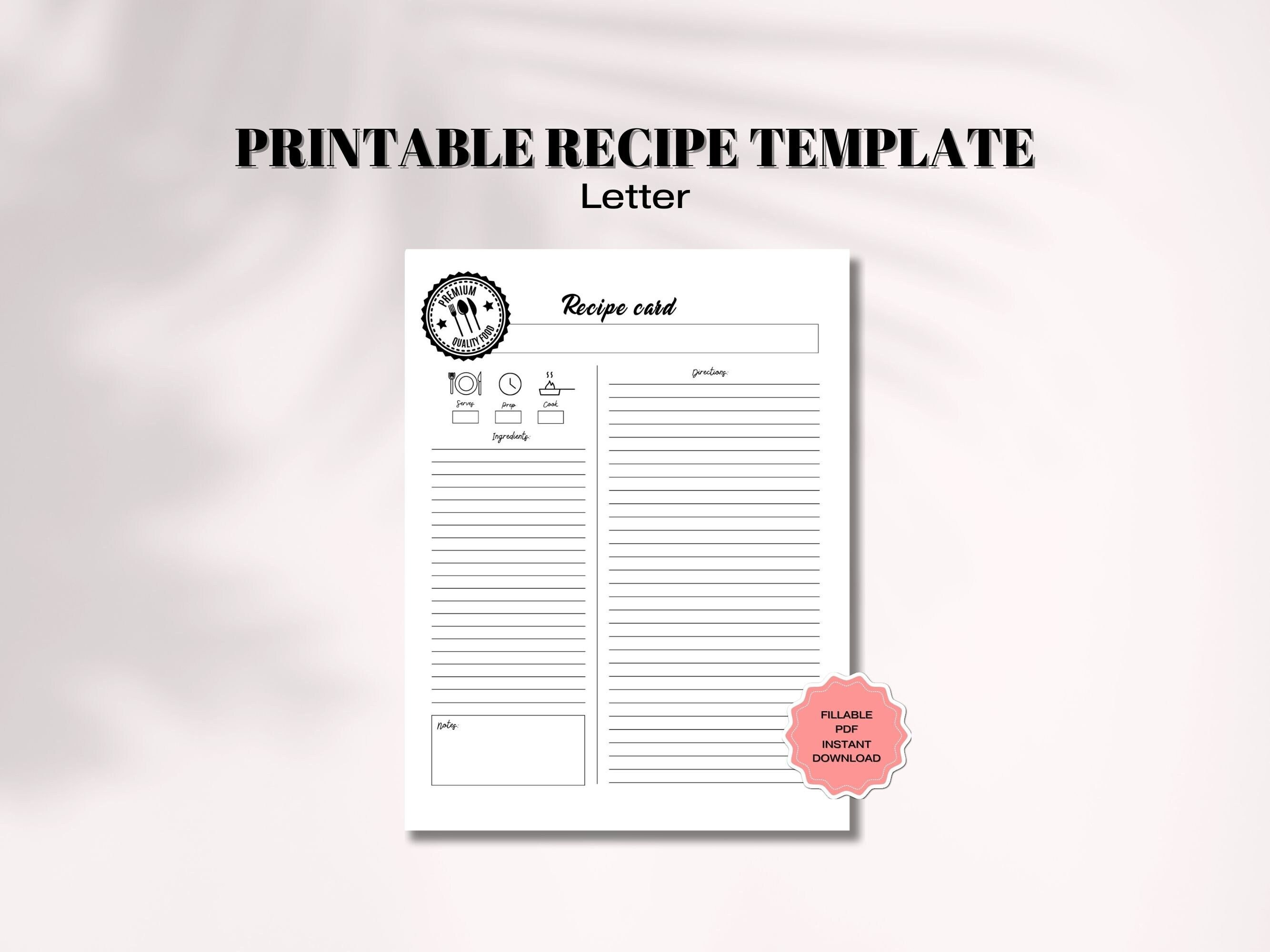 Modern Recipe Card, Digital Recipe Template, Fillable Recipe Template ...