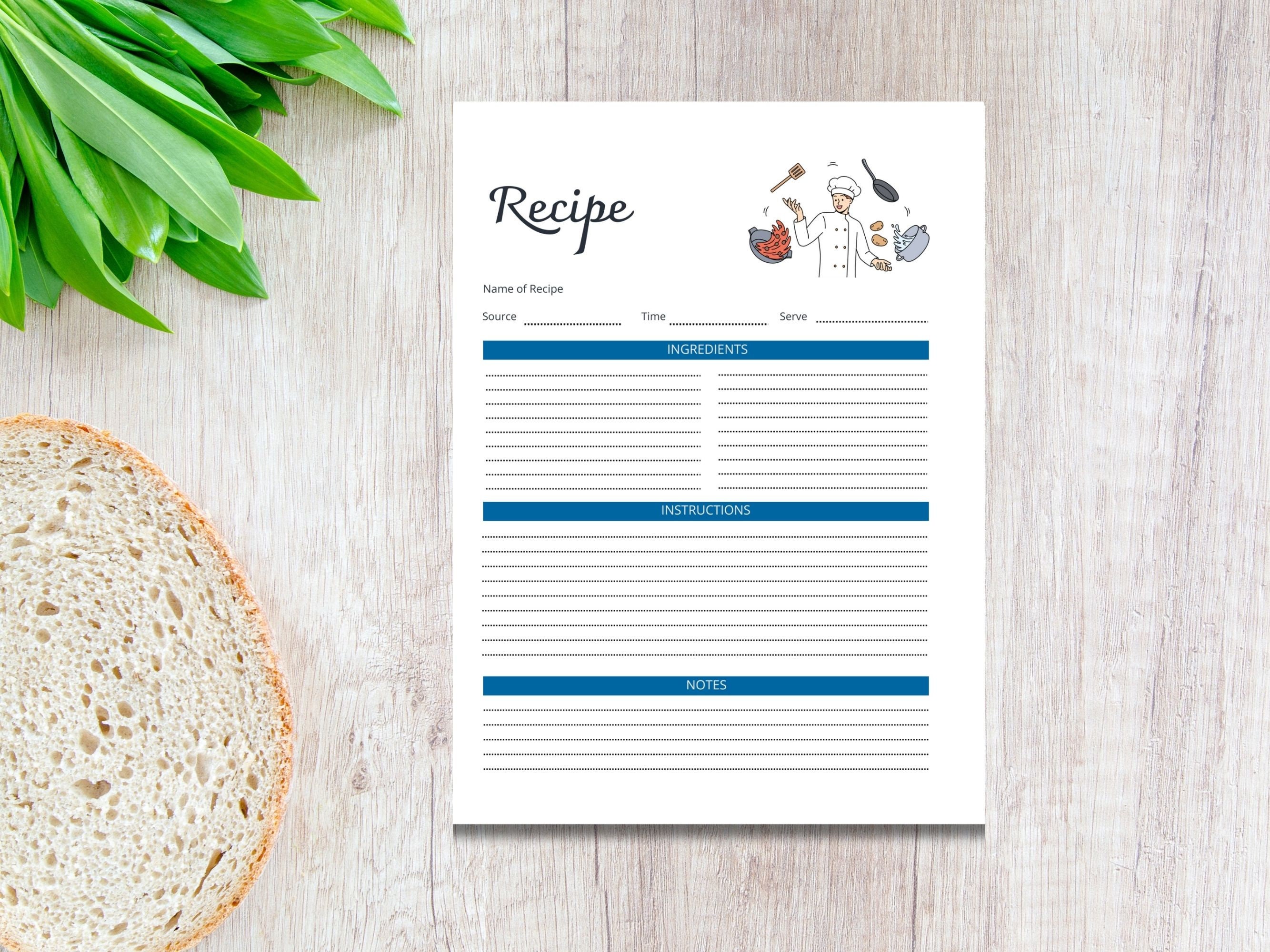 Printable Recipe Template, Recipe Page With Chef Design, Fillable ...