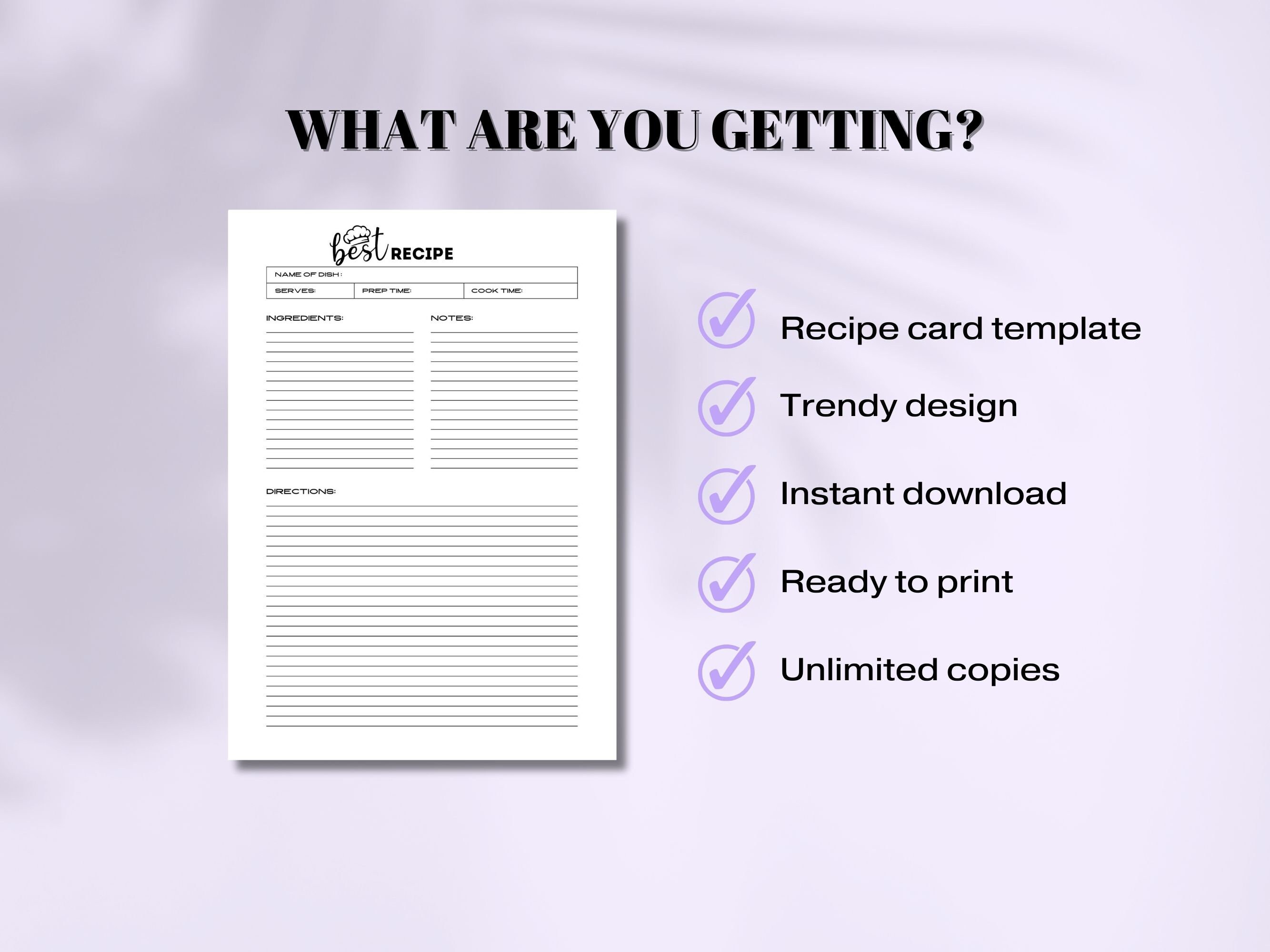 Blank Recipe Sheet, Printable Recipe Card, Recipe Template, Recipe Page ...