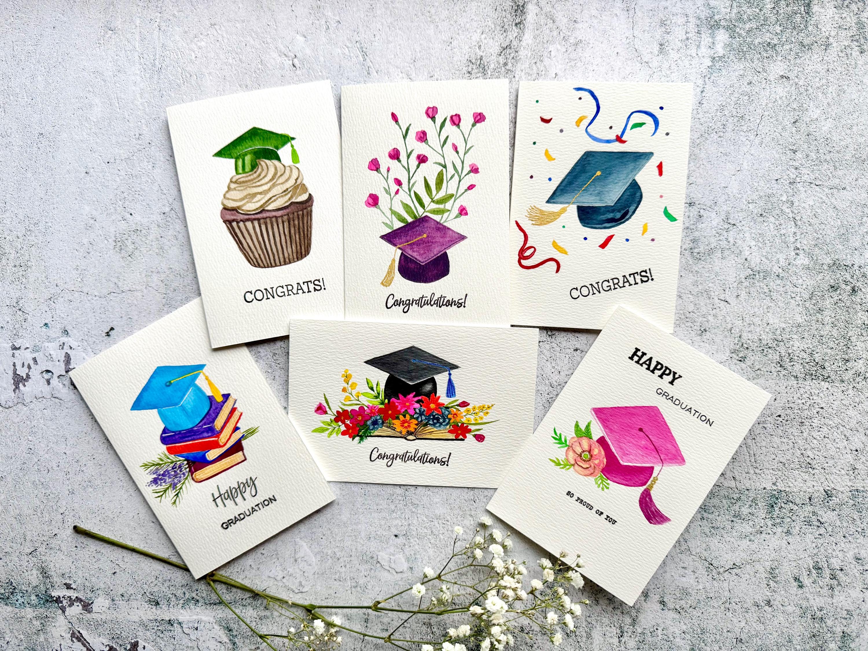 Graduation Cards Set 3 or 6 Original Hand-painted Watercolor, Cap Card ...