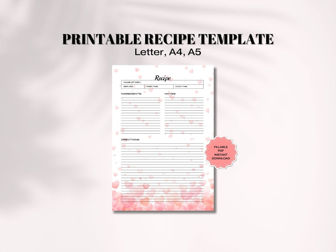 Recipe Sheet Cook With Love, Printable Recipe Card, Valentine Day ...