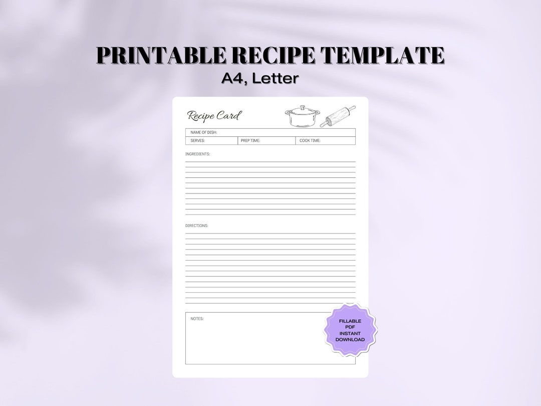 Blank Recipe Sheet, Printable Recipe Card, Recipe Template, Recipe Page ...