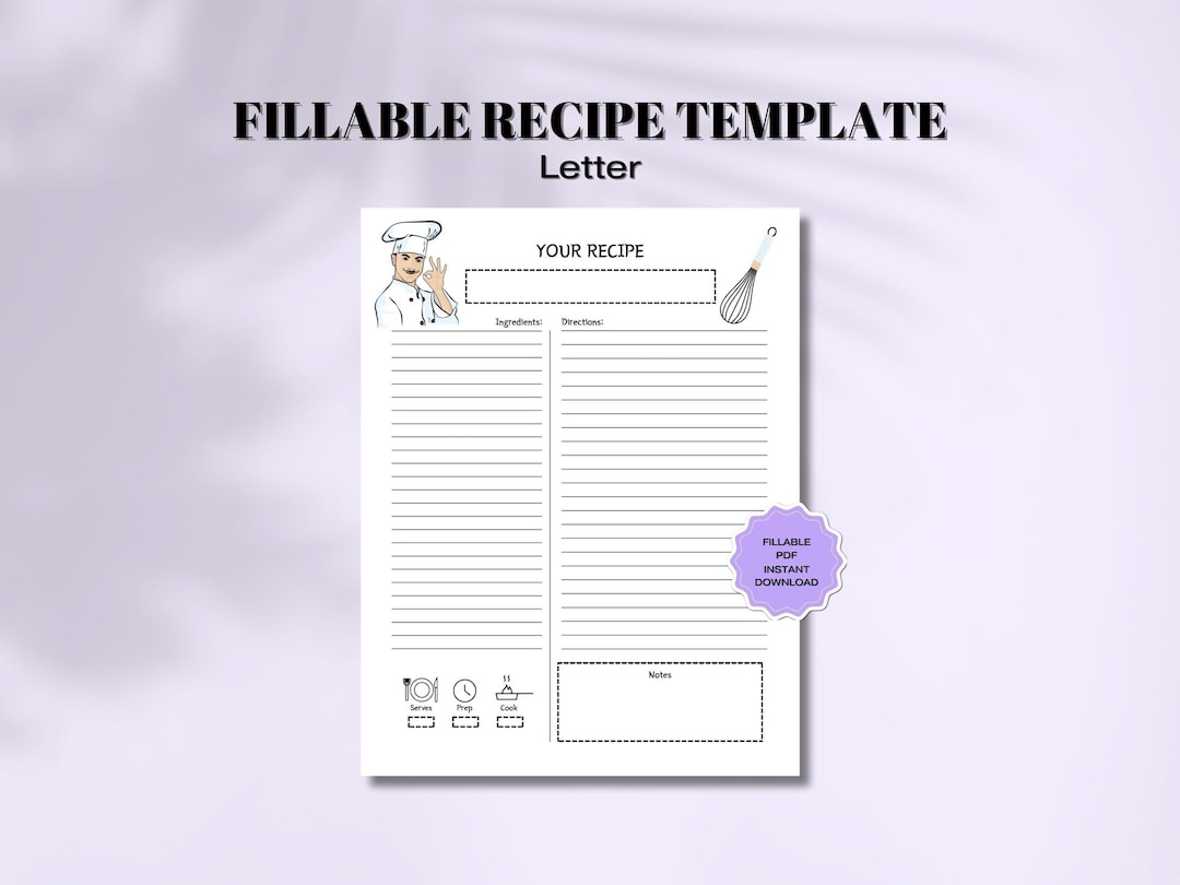 Fillable Recipe Template, Recipe Card, Printable Recipe Page, Recipe ...