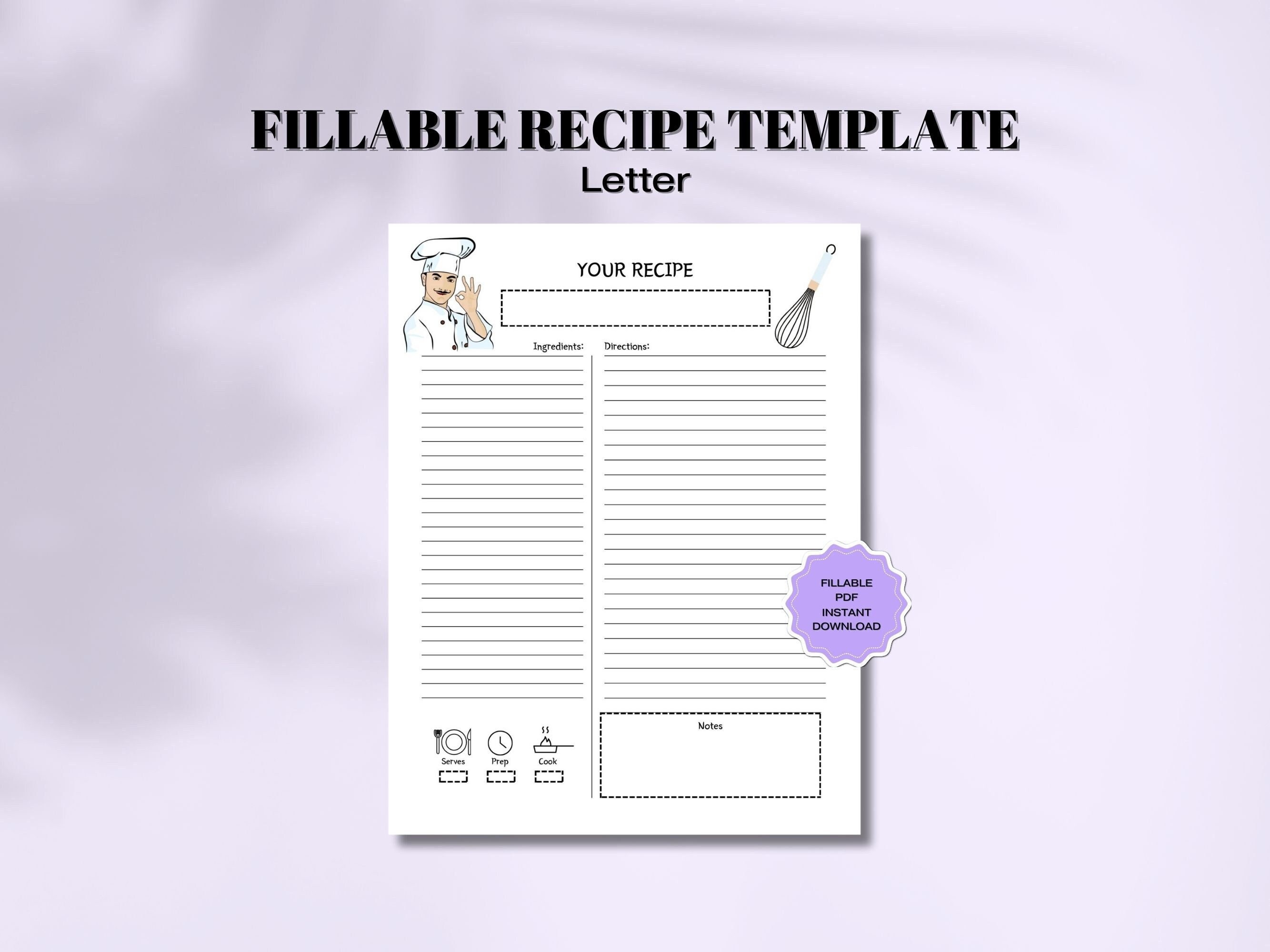 Fillable Recipe Template, Recipe Card, Printable Recipe Page, Recipe ...