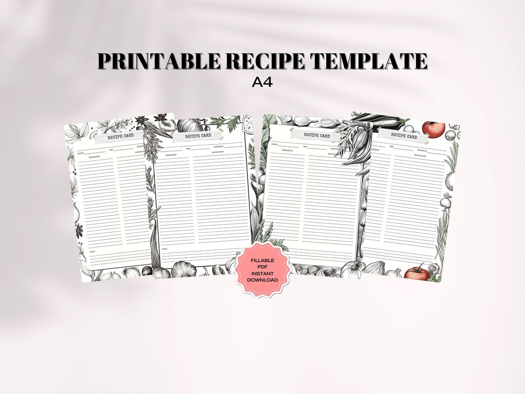 Recipe Sheets Set, Printable Recipe Template, Recipe Page, Fillable ...