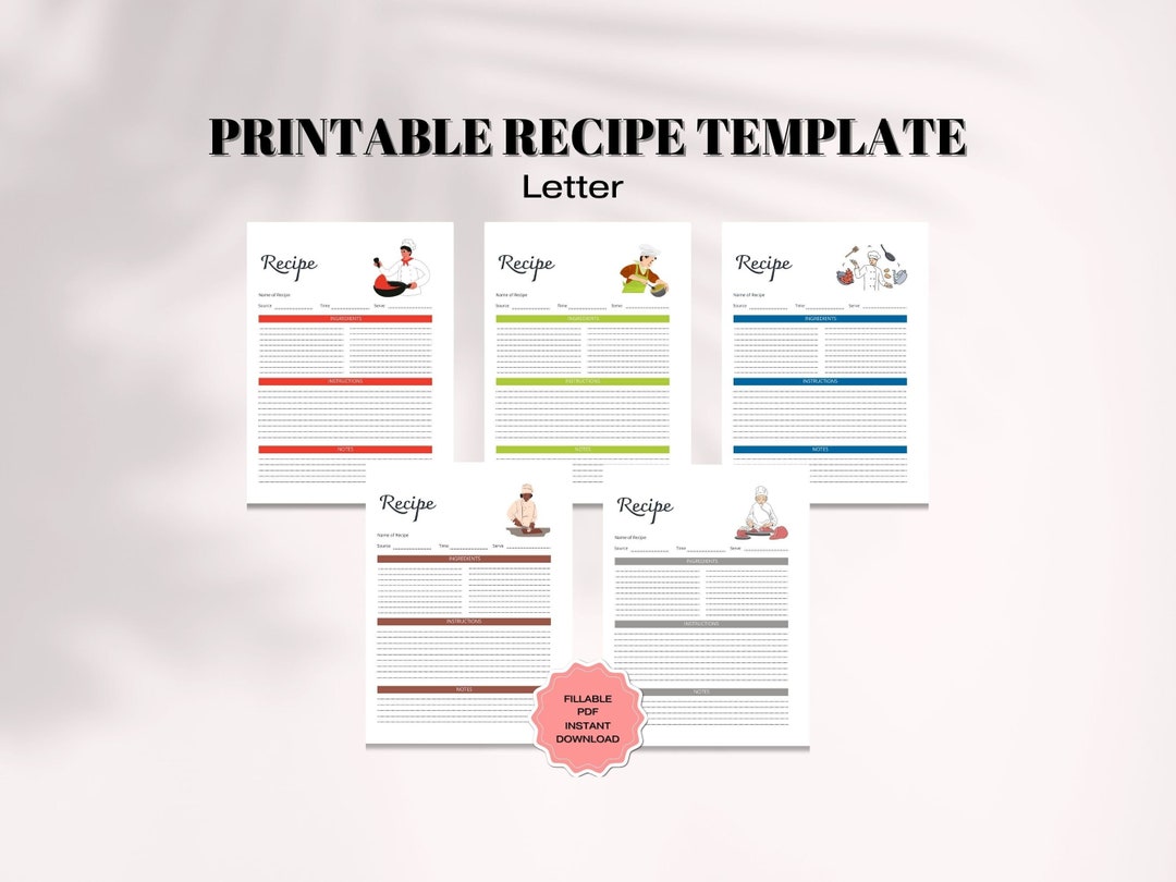 Printable Recipe Template, Recipe Page With Chef Design, Fillable ...