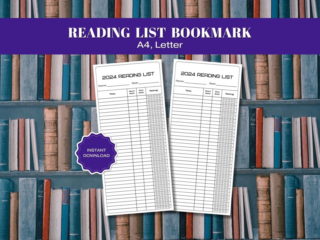 2024 Reading List Bookmark PDF, Printable Reading Log Tracker, Reading ...