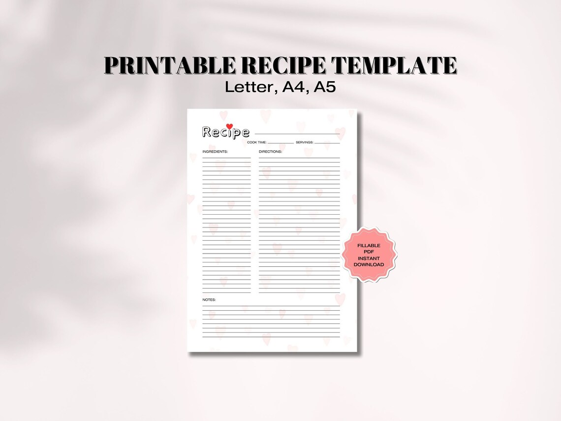 Printable Recipe Card, Recipe Sheet Cook With Love, Valentine Day ...