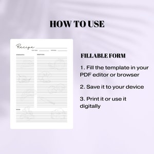 Digital Recipe Template, Recipe Minimalistic Design, Fillable Recipe ...