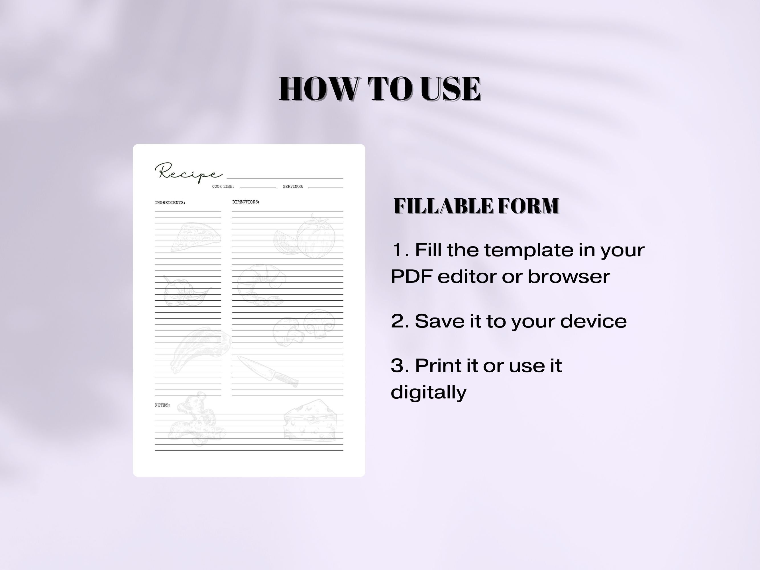 Digital Recipe Template, Recipe Minimalistic Design, Fillable Recipe ...