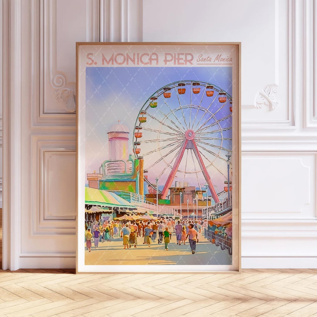 Santa Monica Pier Watercolor Wall Art - Santa Monica Travel Poster ...