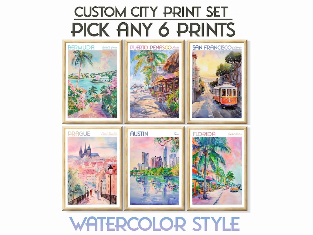 Custom Set of 6 Watercolor City Prints, ANY City ANY Country City ...
