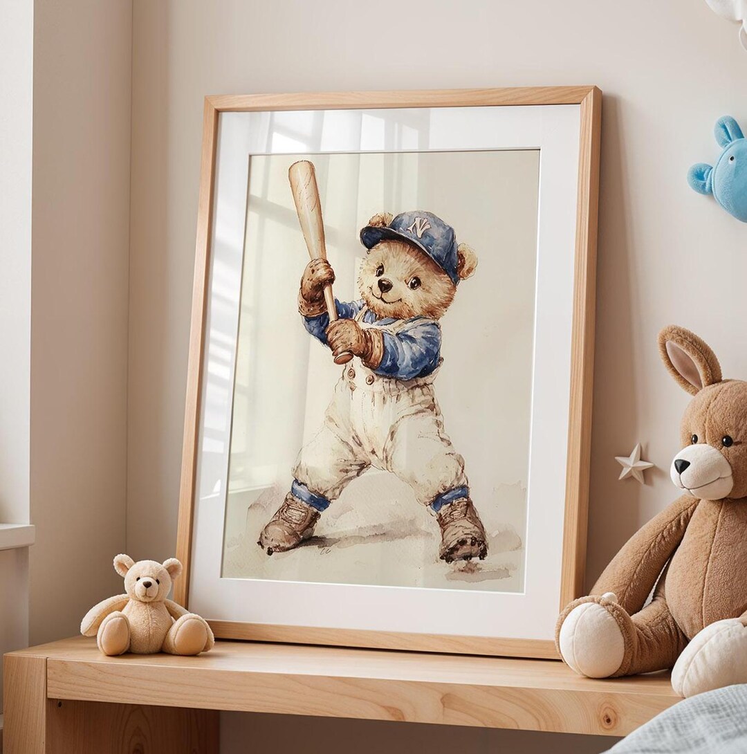 Vintage Illustration of a Bear Playing Baseball – Watercolor Retro ...