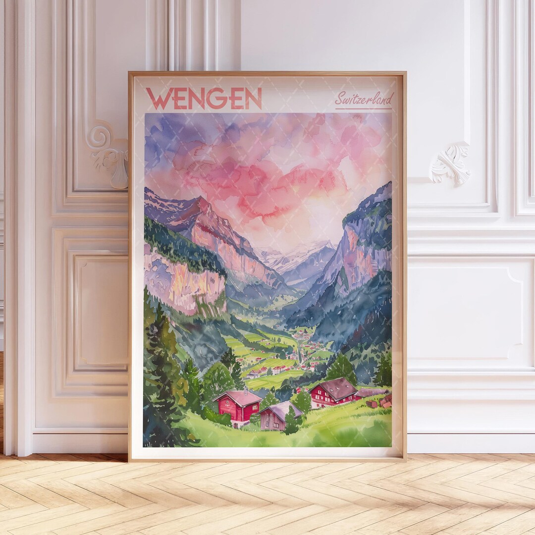 Wengen Watercolor Art Print - Switzerland Print - Europe Travel Poster ...